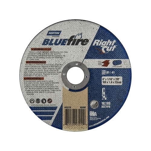 Norton Type 01 Bluefire Right Cut Cut-Off Wheel, 6 Inches Dia - 25 per ...